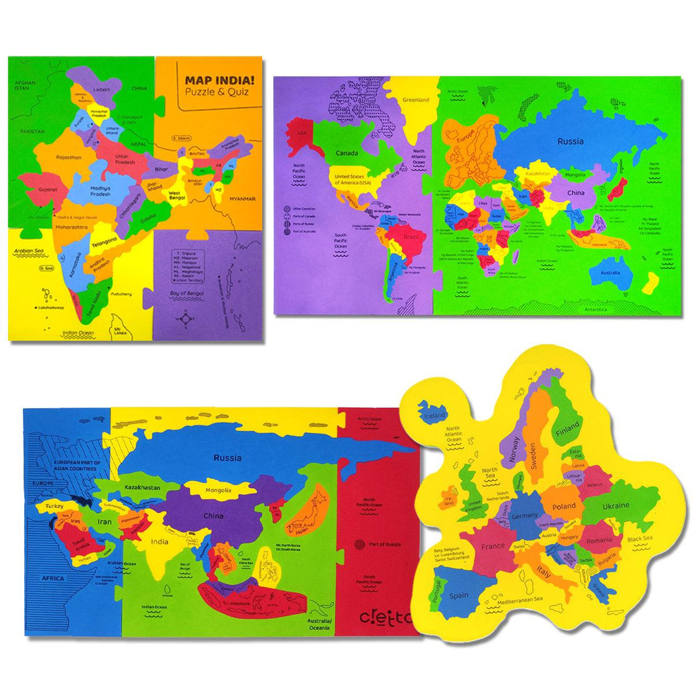 World Map, Asia Map, Europe Map & India Map Puzzle Combo